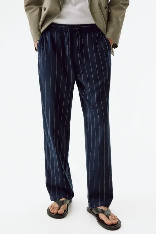 H&m Relaxed Fit Linen-blend Trousers - Navy Blue/striped