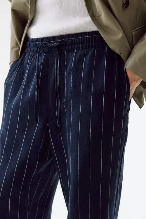 H&m Relaxed Fit Linen-blend Trousers - Navy Blue/striped