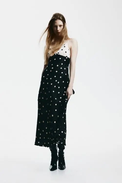 H&m Satin Polka Dot V-neck Midi Dress