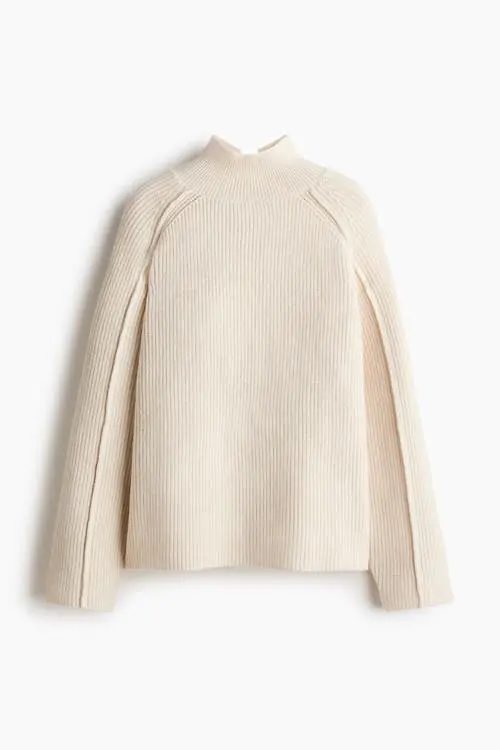 H&m Rib-knit Turtleneck Jumper With Back Slit - Light Beige