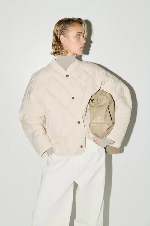 H&m Quilted Jacket With Ribbed Collar And Welt Pockets - Light Beige