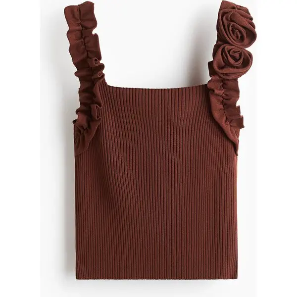H&m Rose-appliquéd Rib-knit Cropped Top With Frill Straps