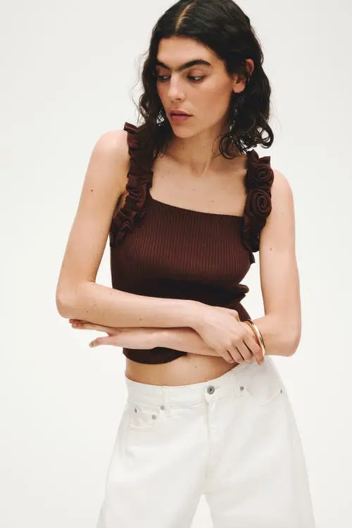 H&m Rose-appliquéd Rib-knit Cropped Top With Frill Straps