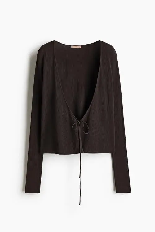 H&m Rib-knit Wrap Cardigan With V-neckline And Waist Ties