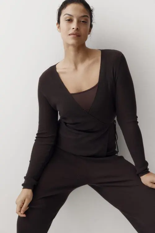 H&m Rib-knit Wrap Cardigan With V-neckline And Waist Ties