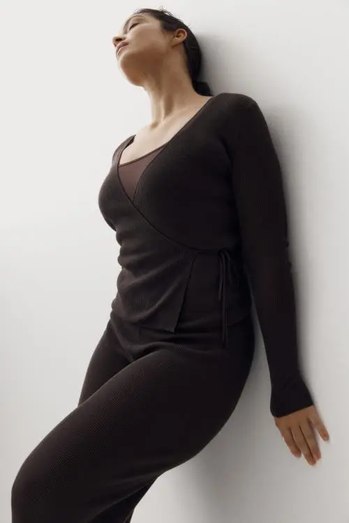 H&m Rib-knit Wrap Cardigan With V-neckline And Waist Ties