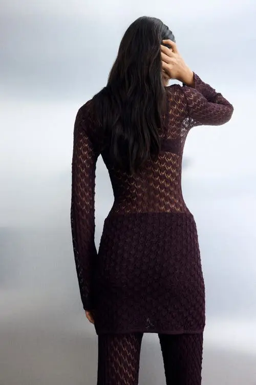 H&m Shimmering Pointelle-knit Top With Long Sleeves - Plum Red