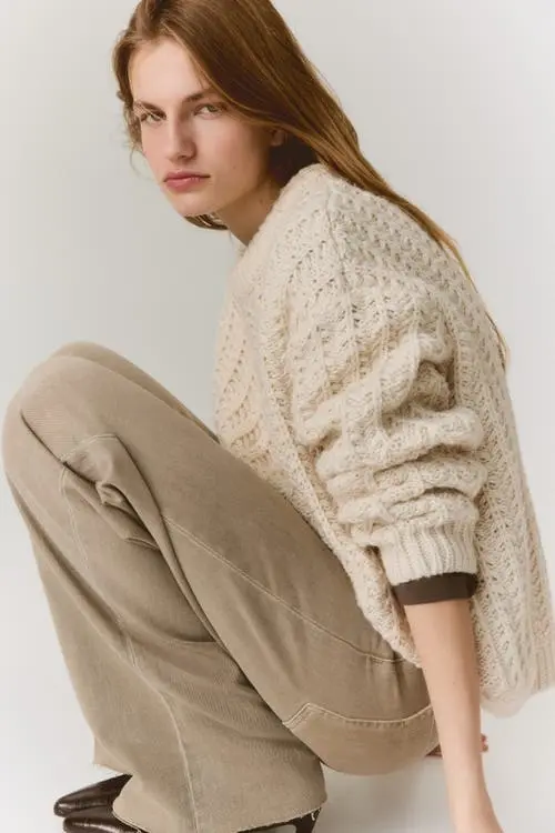H&m Cable-knit Jumper With Round Neck - Light Beige