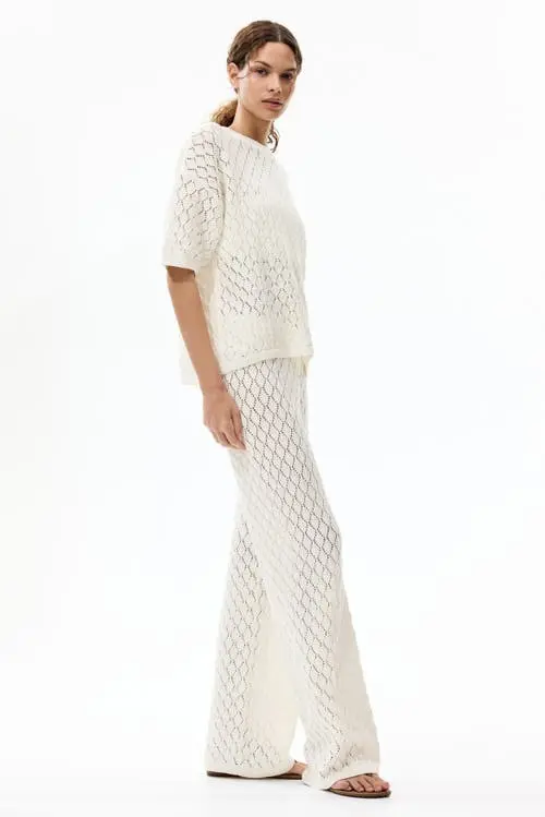 H&m Pointelle Knit Trousers With Elasticated Waist - Cream