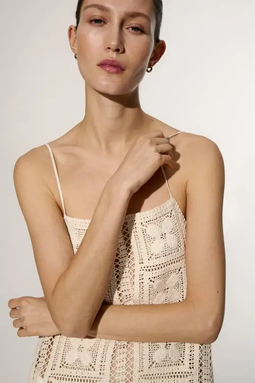 H&m Silk-blend Crochet-look Top - Light Beige