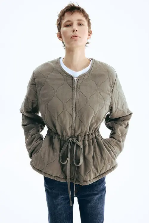 H&m Quilted Lyocell Twill Jacket With Drawstring Waist - Gray