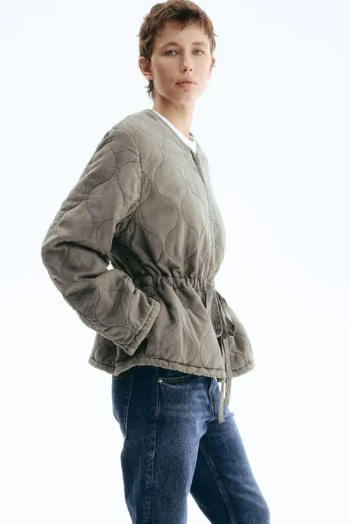 H&m Quilted Lyocell Twill Jacket With Drawstring Waist - Gray