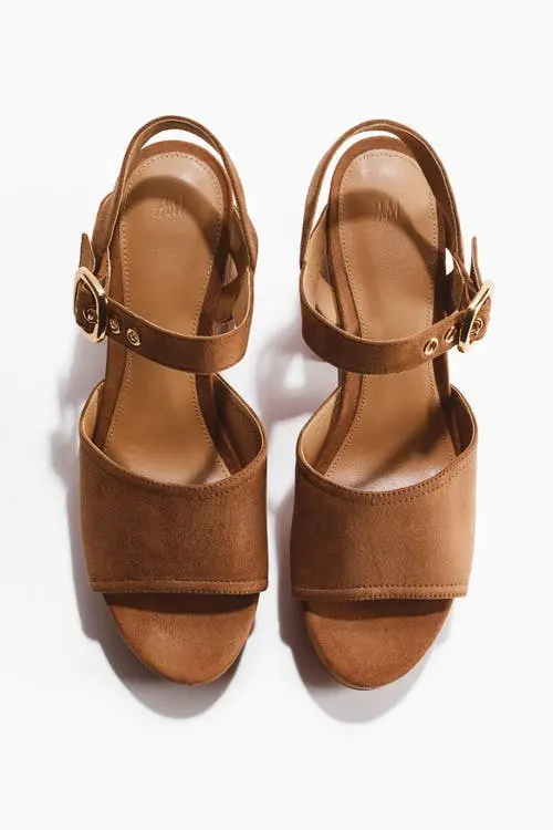 H&m Block-heeled Platform Sandals With Buckled Ankle Strap