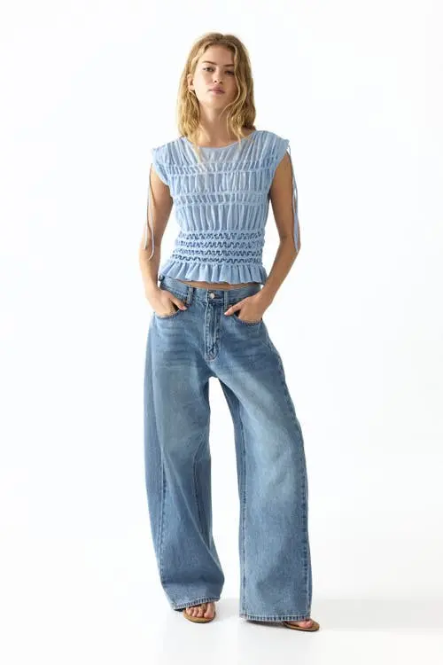 H&m Smocked Fine-knit Top With Drawstring Detail - Light Blue