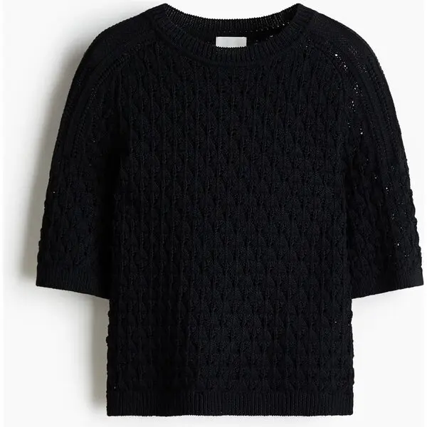 H&m Pointelle Knit T-shirt - Black