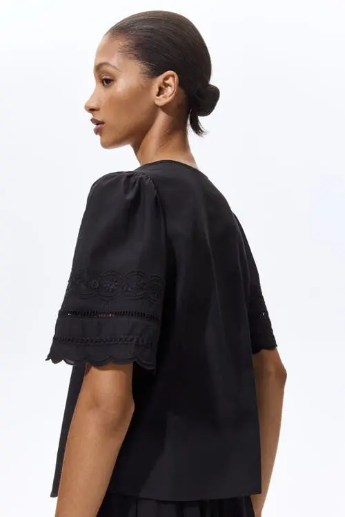 H&m Puff-sleeved Embroidered Blouse