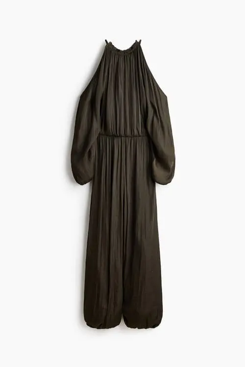 H&m Cold-shoulder Satin Halterneck Jumpsuit With Voluminous Sleeves And Legs - Dark Khaki Green