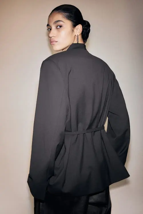 H&M Belted Blazer With Stand Collar