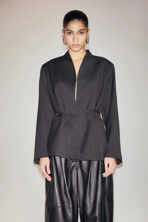 H&M Belted Blazer With Stand Collar