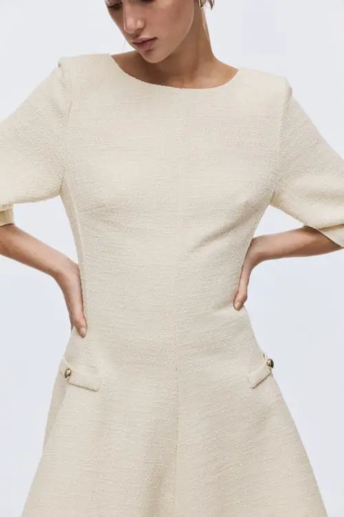 H&m Bouclé Mini Dress With V-neck Back - Light Beige