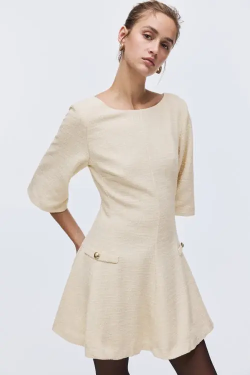 H&m Bouclé Mini Dress With V-neck Back - Light Beige