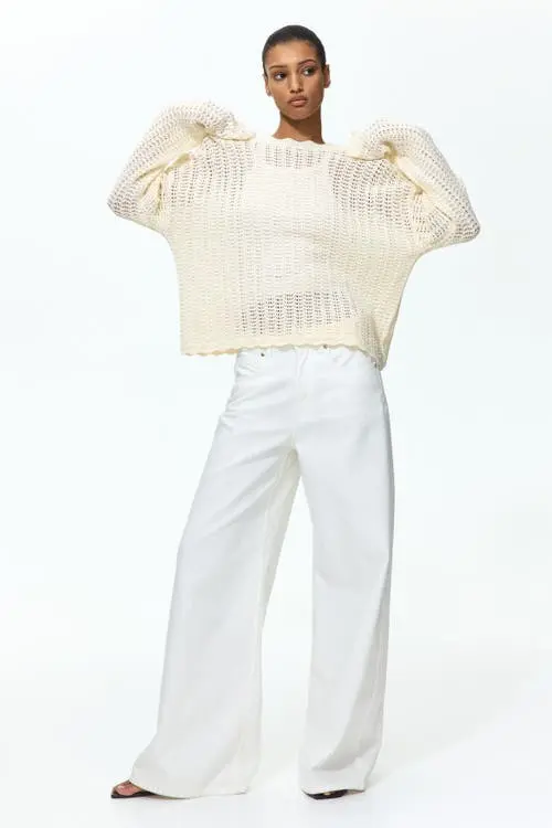 H&m Pointelle-knit Jumper With Boat Neckline And Scalloped Edges