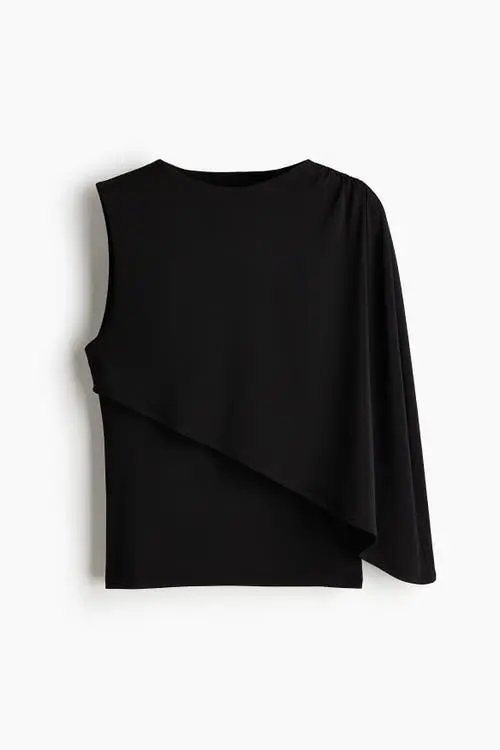 H&m Asymmetrical Cape Detail Jersey Top - Black