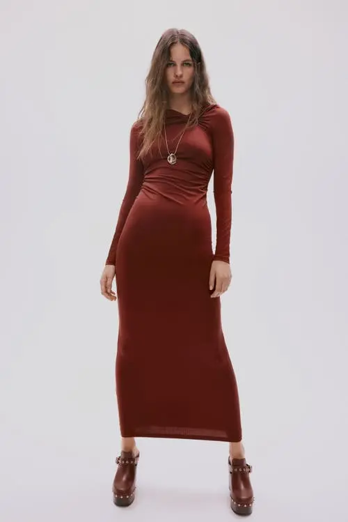 H&m Draped Jersey Maxi Dress With Asymmetric Neckline - Rust Brown