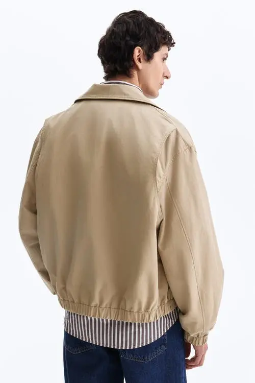 H&m Collared Cotton Twill Zip-up Jacket - Beige