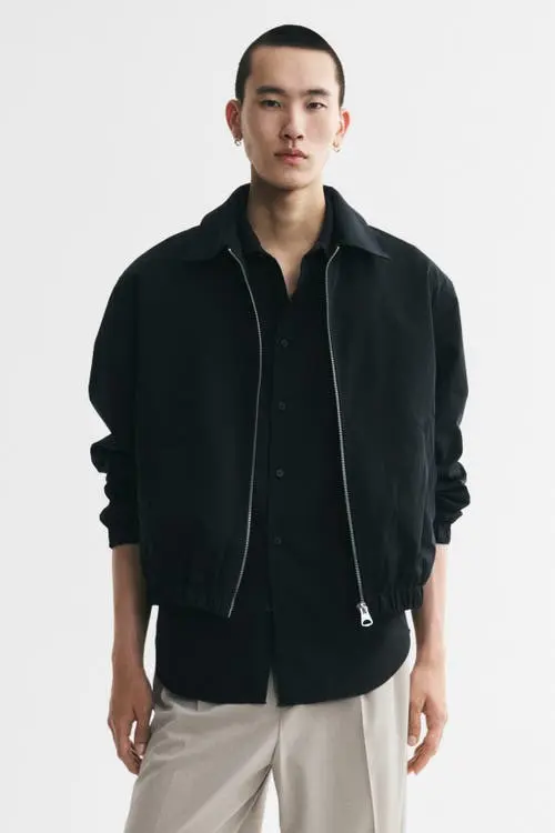 H&M Collared Cotton Twill Zip-up Jacket - Black