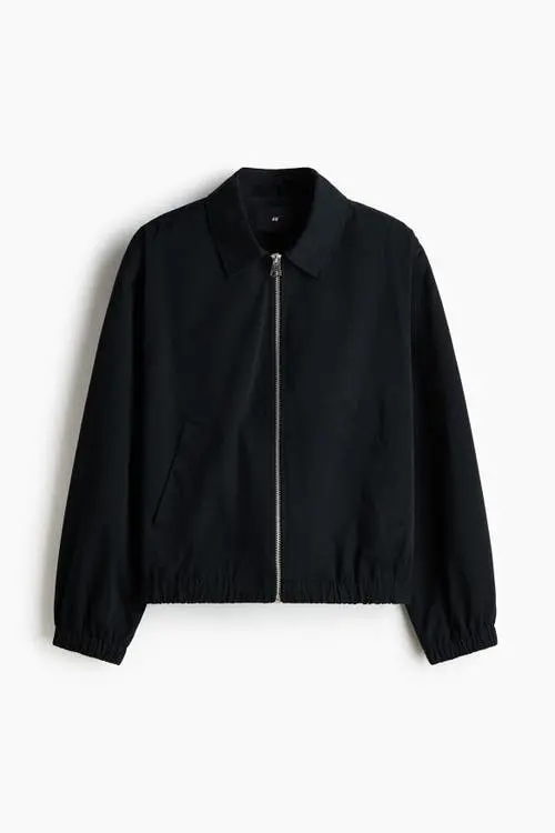 H&M Collared Cotton Twill Zip-up Jacket - Black