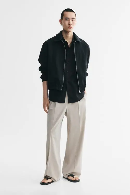 H&M Collared Cotton Twill Zip-up Jacket - Black