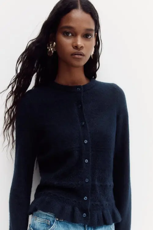 H&m Pointelle Knit Cardigan With Frill Trim - Navy Blue