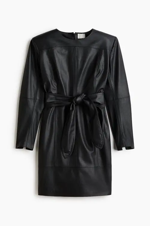 H&m Coated Tie-belt Dress With Voluminous Sleeves