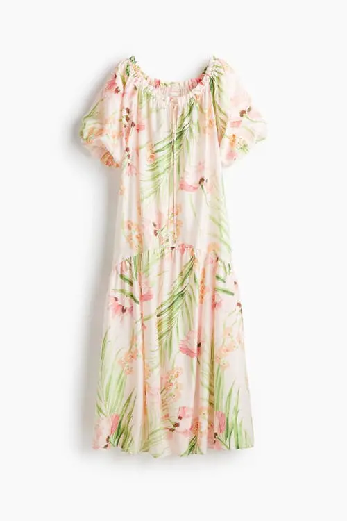 H&m Long Printed Dress With Puff Sleeves - Light Pink/floral