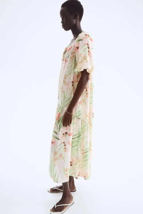 H&m Long Printed Dress With Puff Sleeves
