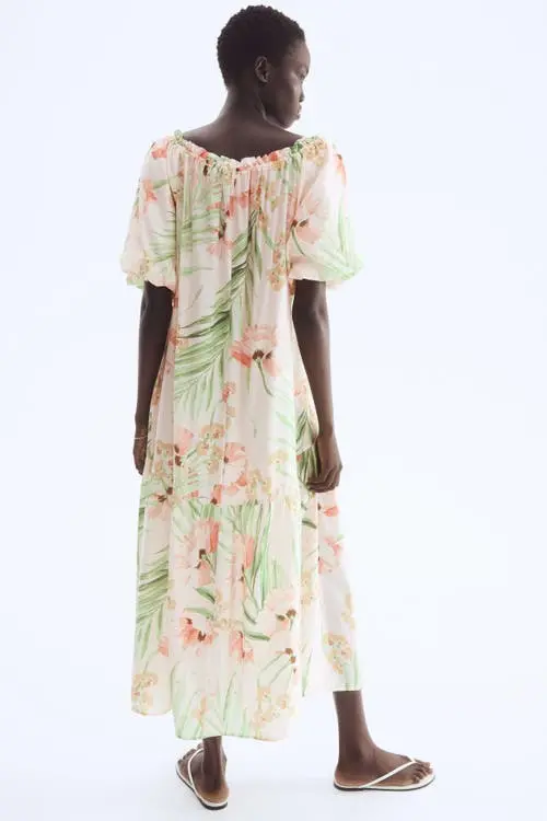 H&m Long Printed Dress With Puff Sleeves