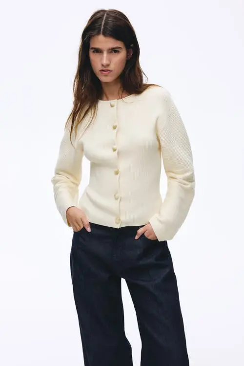 H&m Rib-knit Cardigan With Marbled Buttons