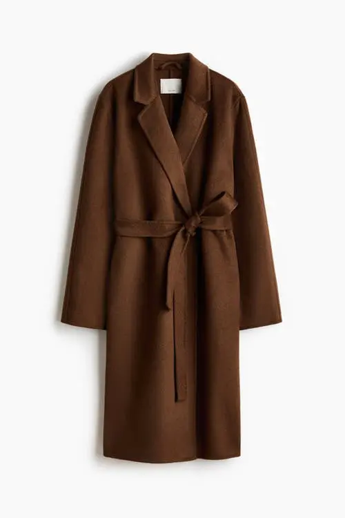 H&m Handmade Wool-blend Coat With Tie Belt - Brown