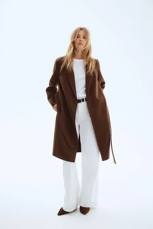 H&m Handmade Wool-blend Coat With Tie Belt - Brown