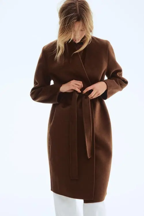 H&m Handmade Wool-blend Coat With Tie Belt - Brown