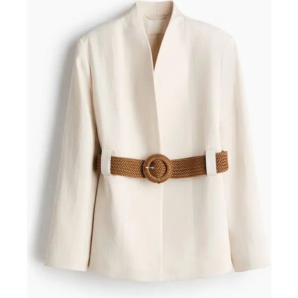 H&m Belted Lapelless Blazer In Twill - Cream