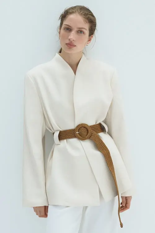 H&m Belted Lapelless Blazer In Twill - Cream