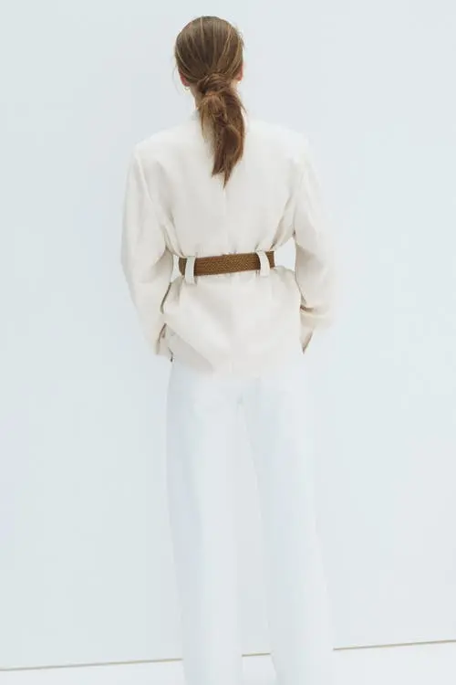 H&m Belted Lapelless Blazer In Twill - Cream