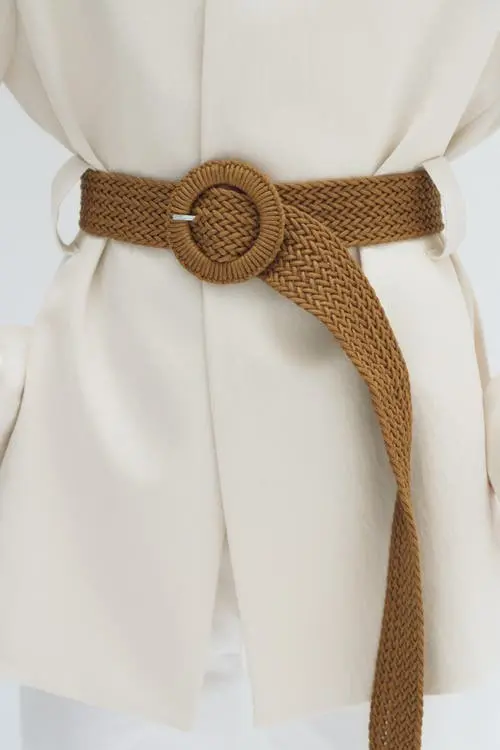 H&m Belted Lapelless Blazer In Twill - Cream