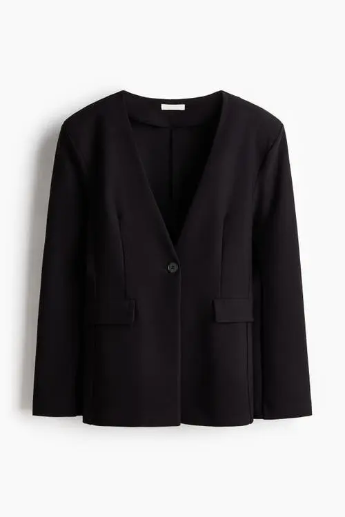 H&m Collarless Jersey Blazer With V-neckline - Black