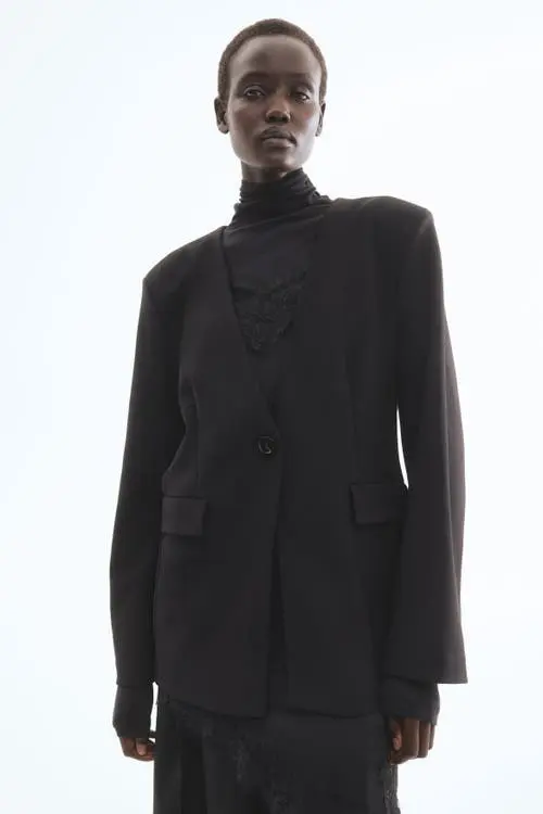 H&m Collarless Jersey Blazer With V-neckline - Black