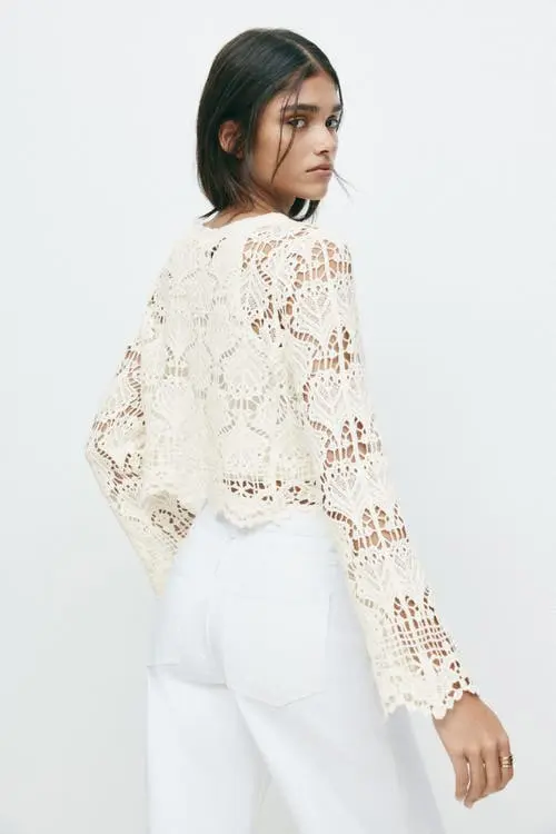 H&m Crochet-look Cotton Cardigan With Scalloped Edges
