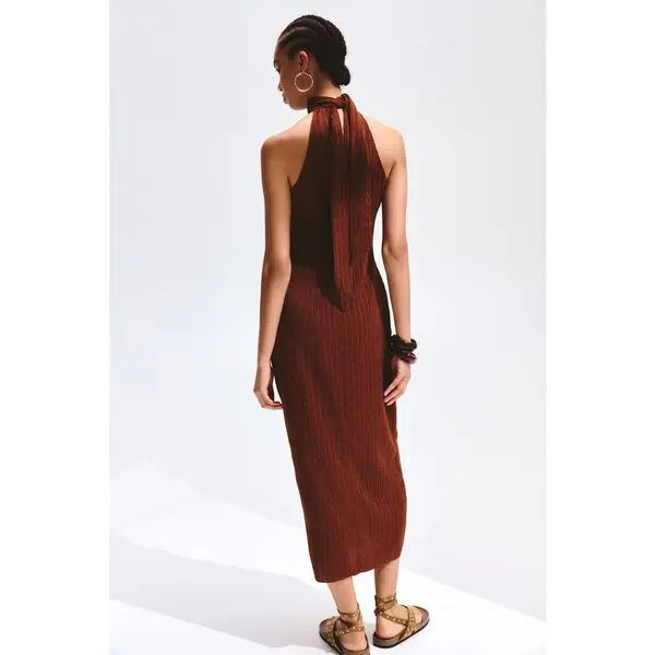 H&m Crinkled Sleeveless Maxi Dress With Stand Collar And Tie Detail