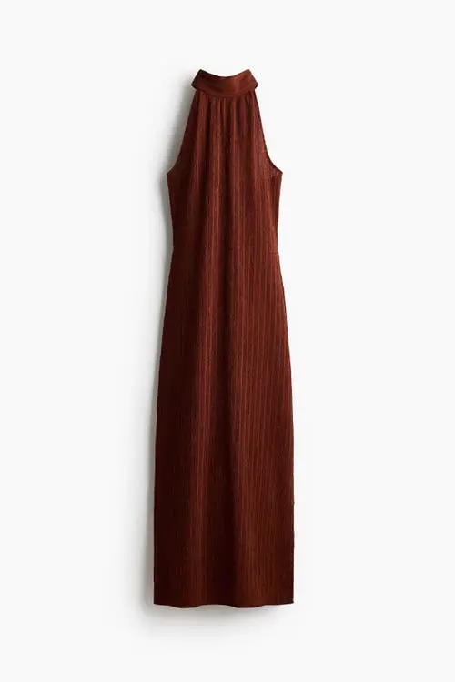 H&m Crinkled Sleeveless Maxi Dress With Stand Collar And Tie Detail